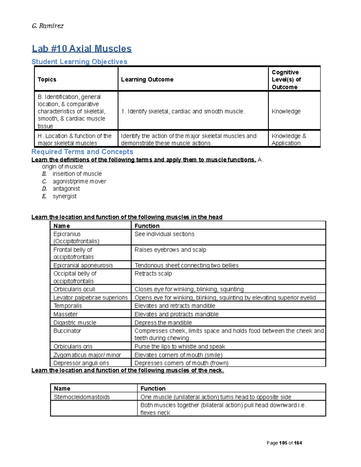 Lab ^N10 Axial Muscles. DN - Lab #10 Axial Muscles Student Learning ...