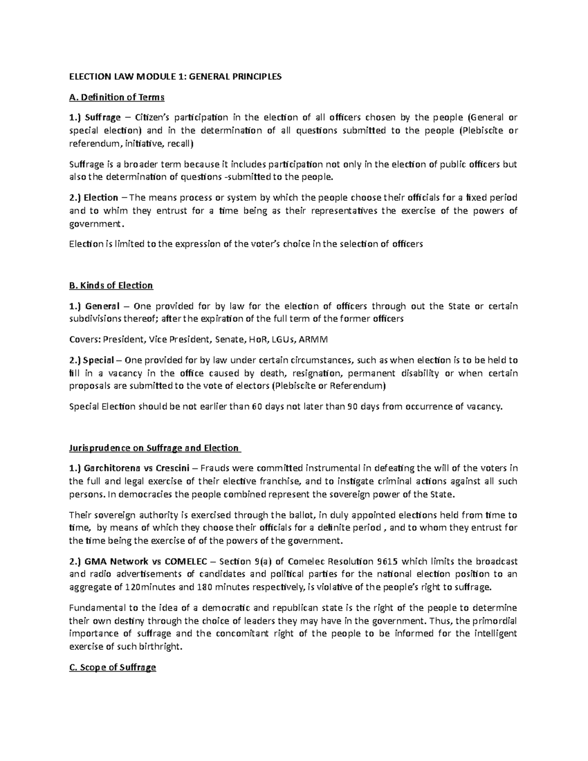 Finals Reviewer - ELECTION LAW MODULE 1: GENERAL PRINCIPLES A ...