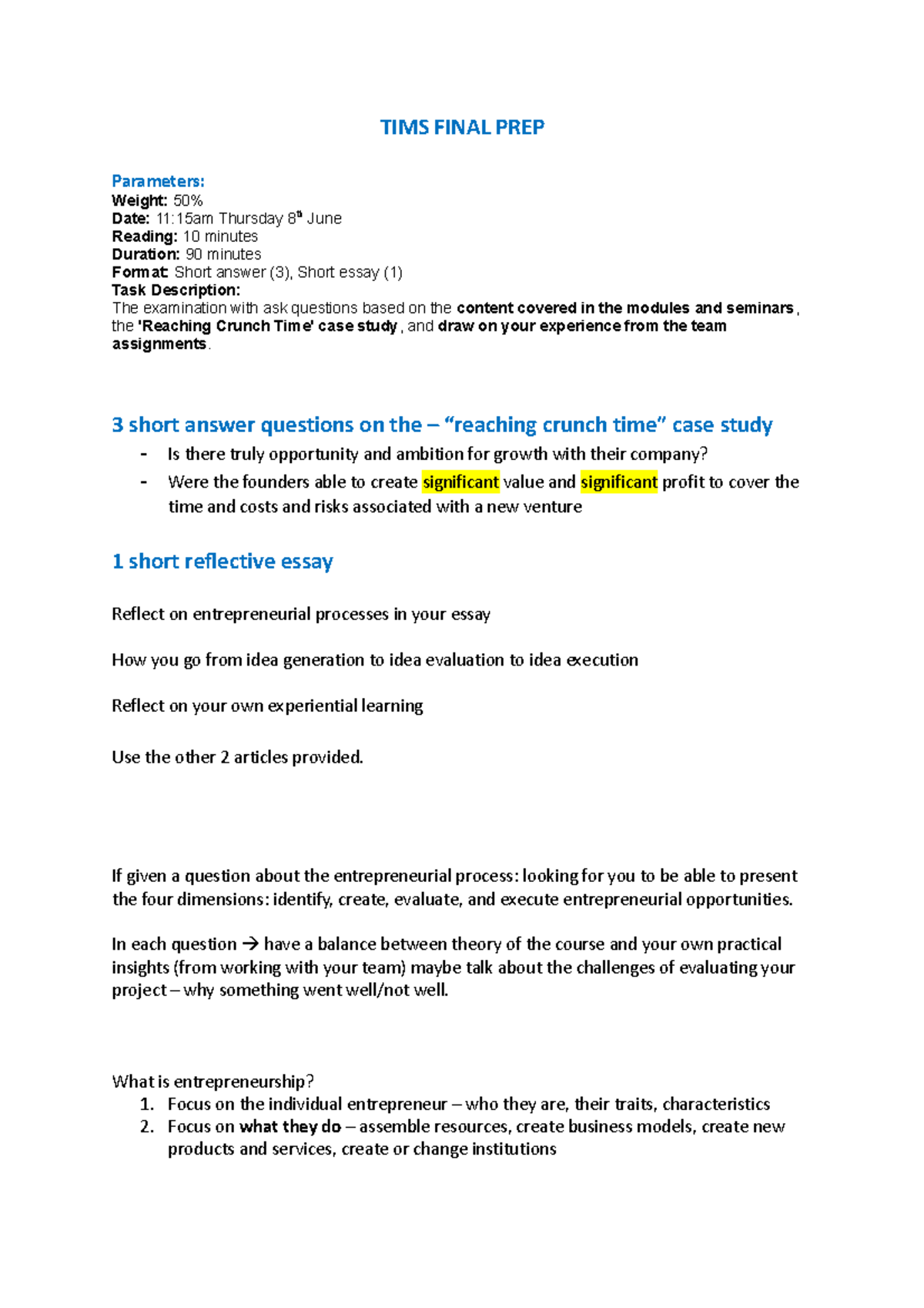 TIMS Final PREP - TIMS FINAL PREP Parameters: Weight: 50% Date: 11:15am ...