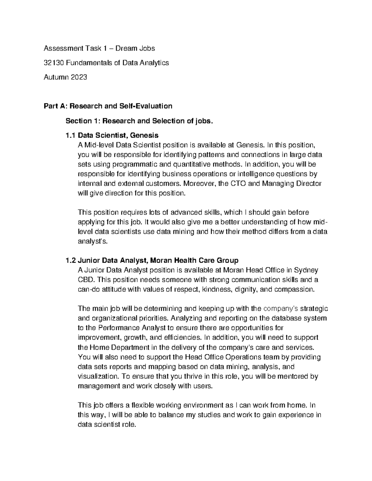 Fda a1 - Assignment 1 - Assessment Task 1 – Dream Jobs 32130 ...