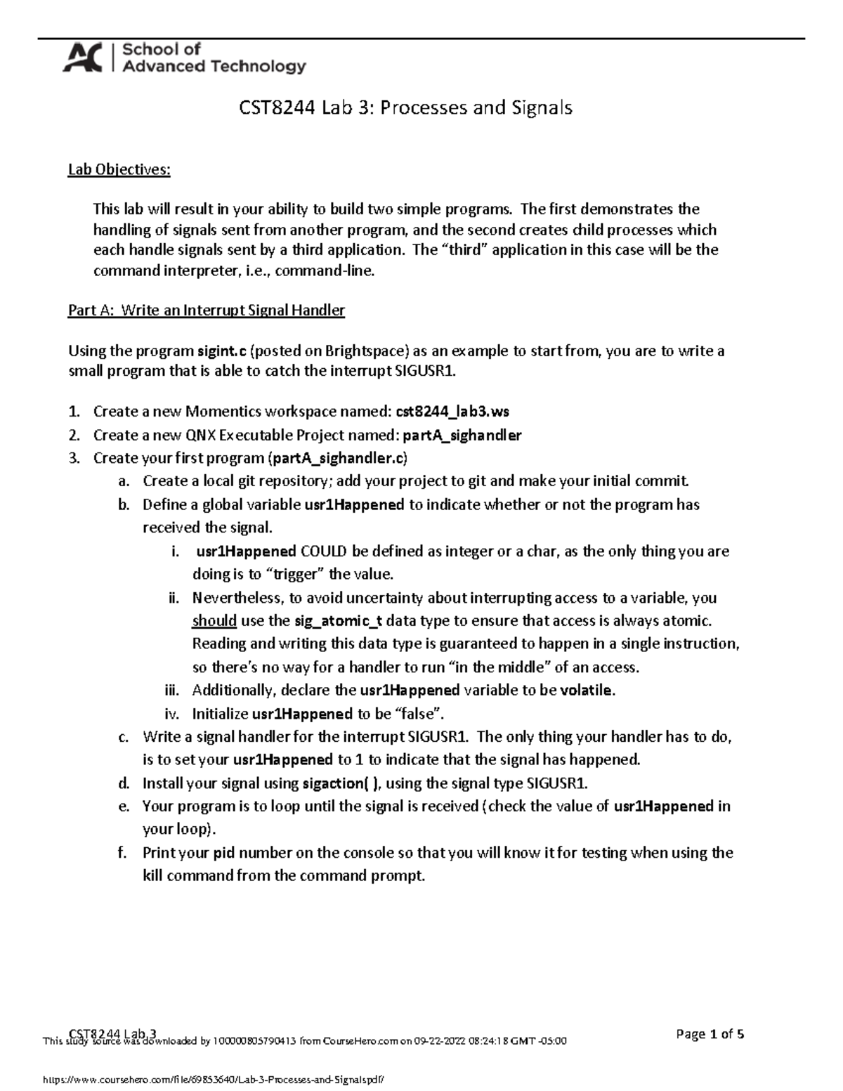 Lab 3 Processes and Signals.pdf - CST8244 Lab 3 Page 1 of 5 CST8244 Lab 3: Processes and Signals ...