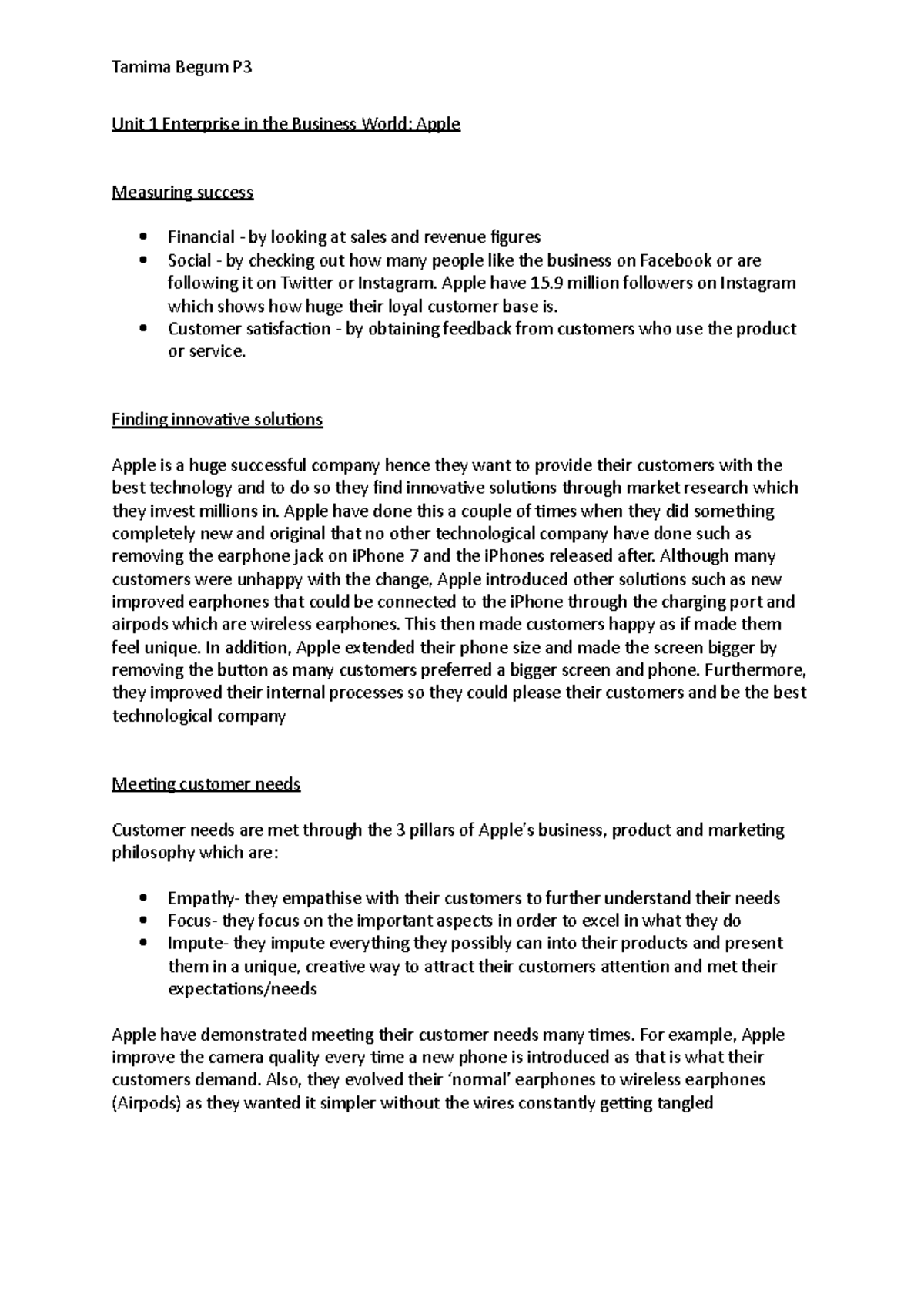 Business level 3 P3 assignment - Tamima Begum P Unit 1 Enterprise in ...