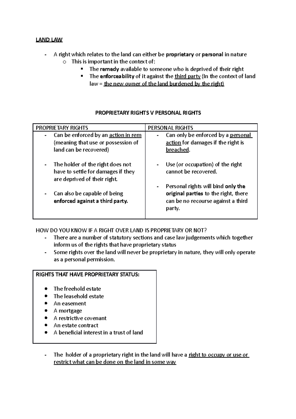 Revision notes - LAND LAW A right which relates to the land can either ...