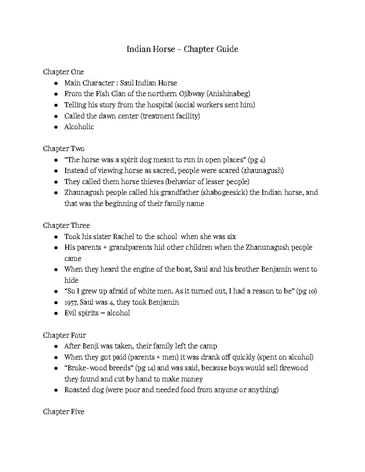 Indian Horse- Chapter Guide - Indian Horse - Chapter Guide Chapter One ...