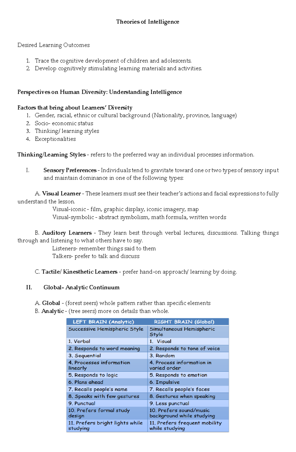 V. Theories of Intelligence - Theories of Intelligence Desired Learning ...