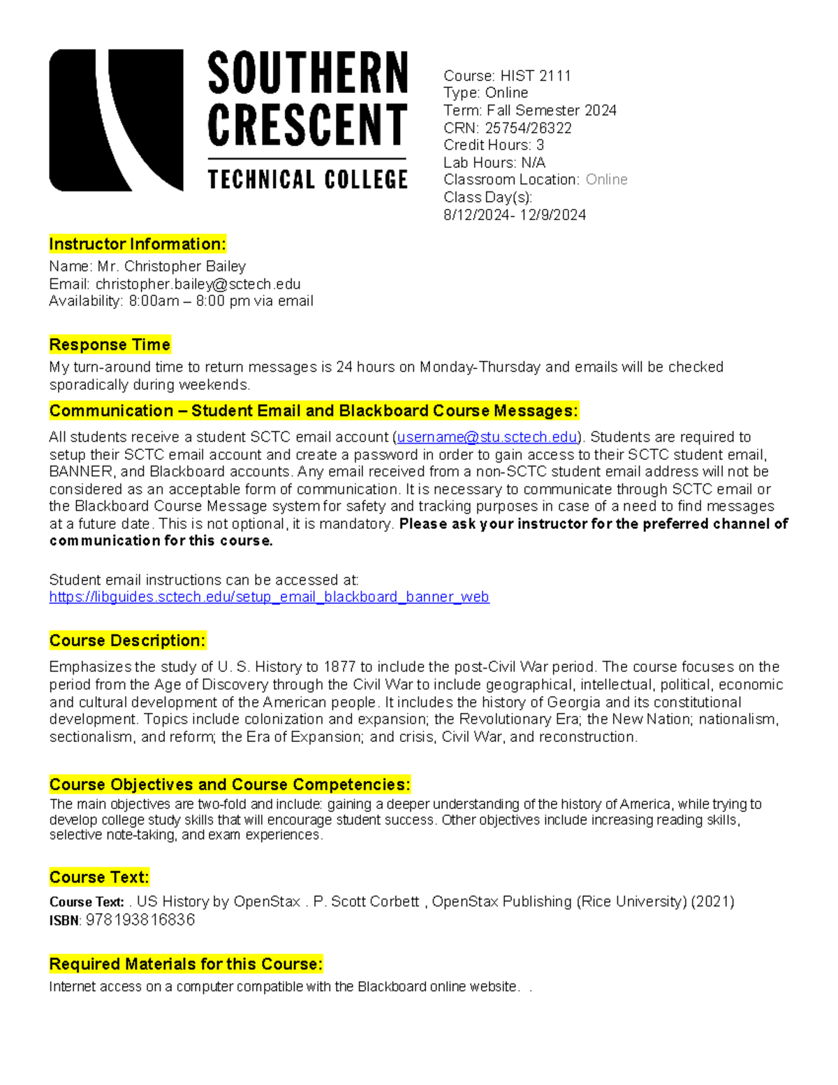 Fall US History I Syllabus (Updated) (3) - Course: HIST 2111 Type ...