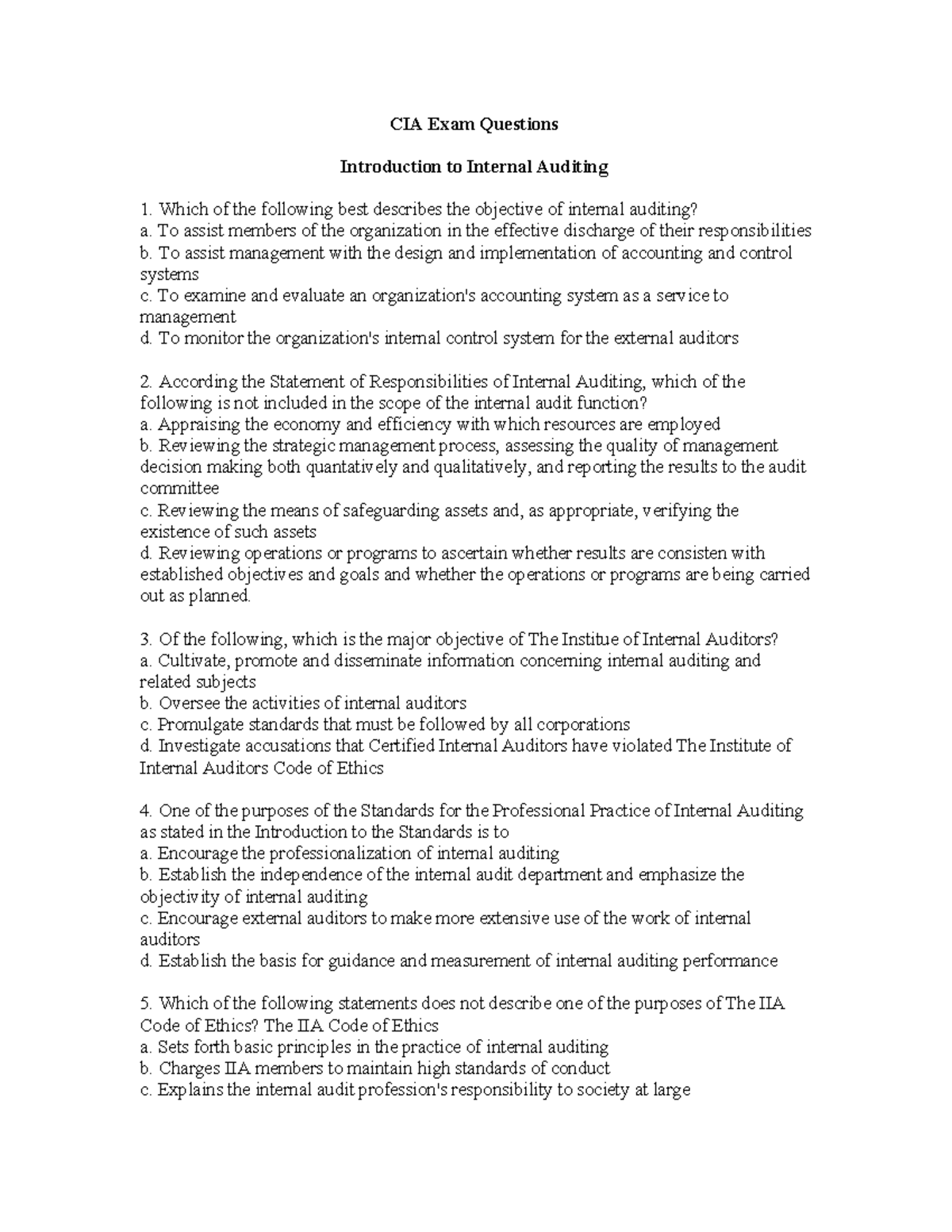 accounting in cis - CIA Exam Questions Introduction to Internal ...