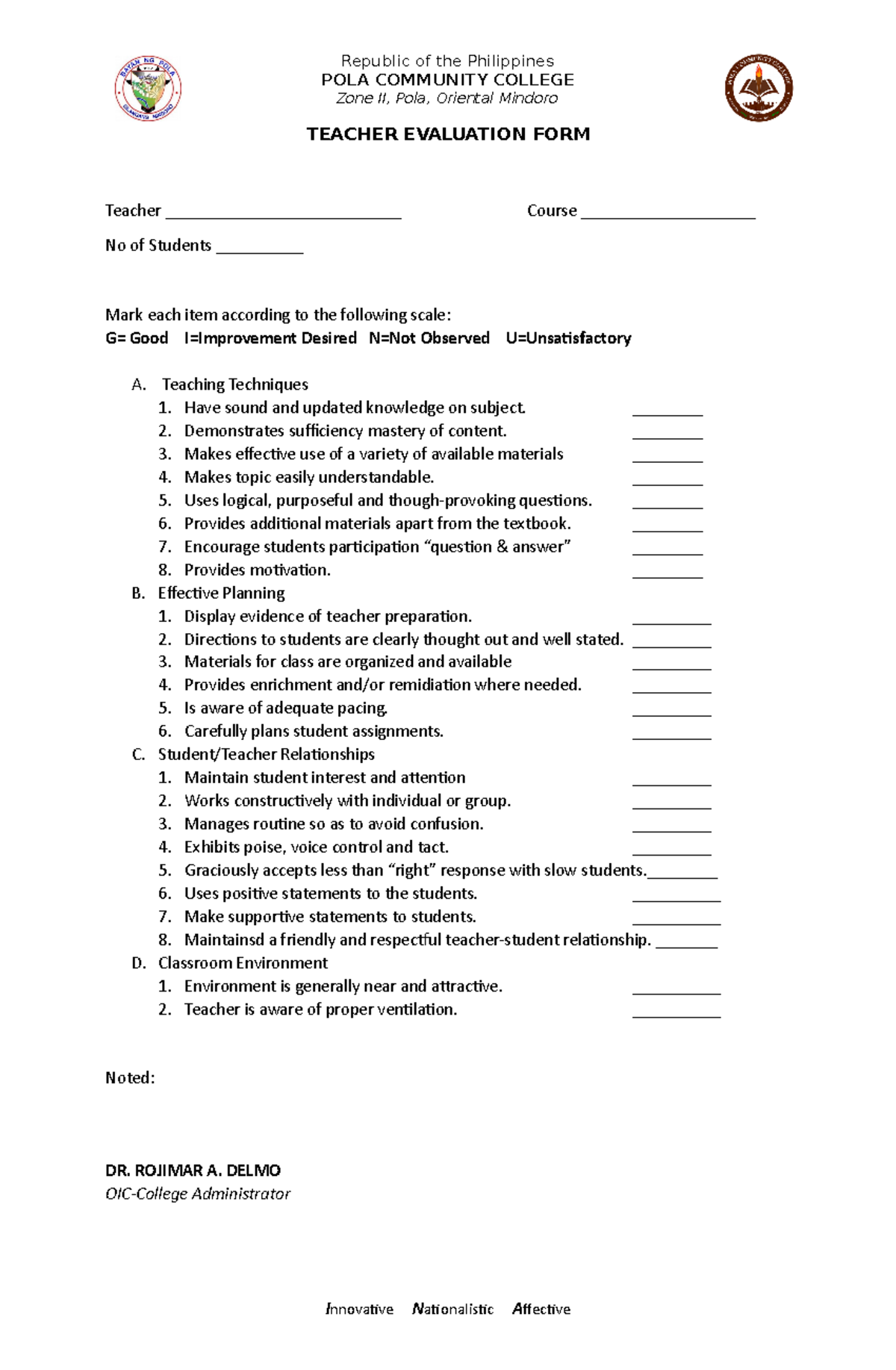 Teachers Evaluation Form - Republic of the Philippines POLA COMMUNITY ...