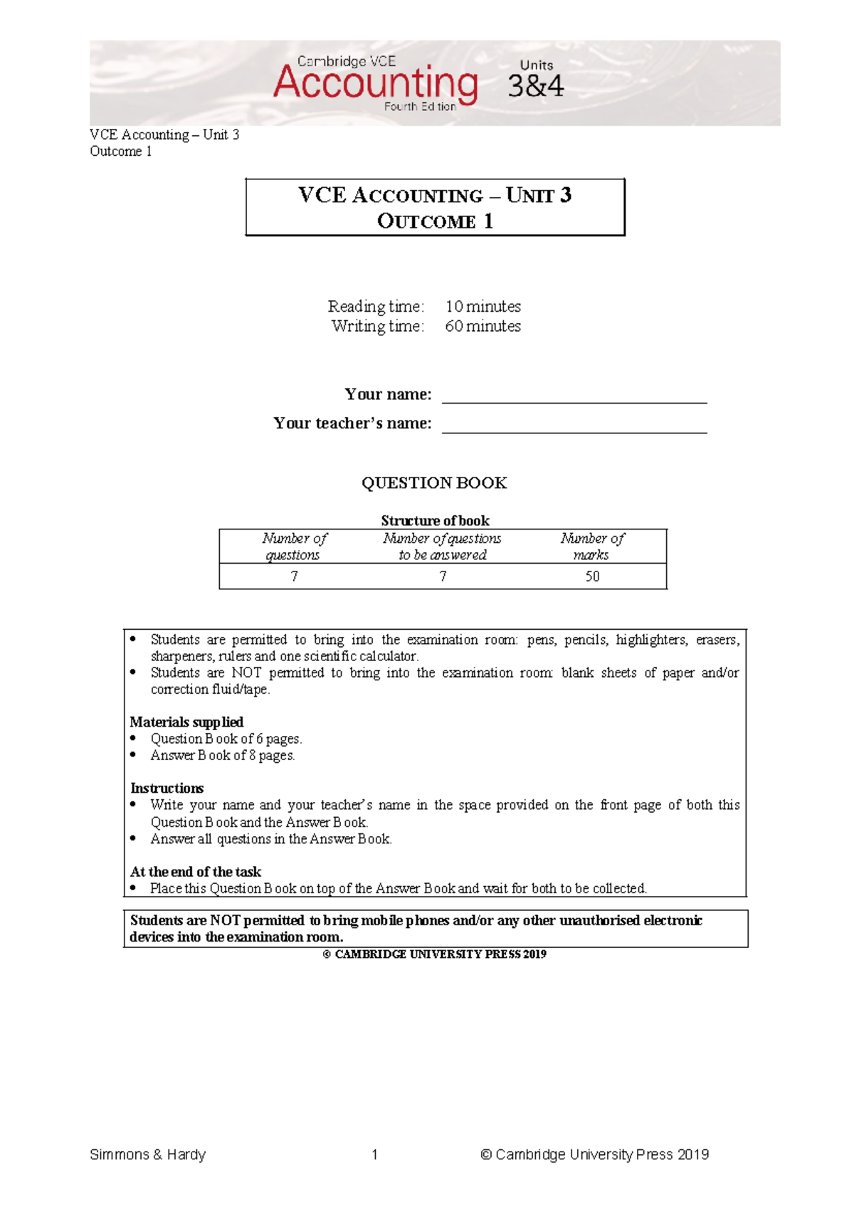 Acc34 4e Unit3Test1 Question - Outcome 1 VCE ACCOUNTING – UNIT 3 ...