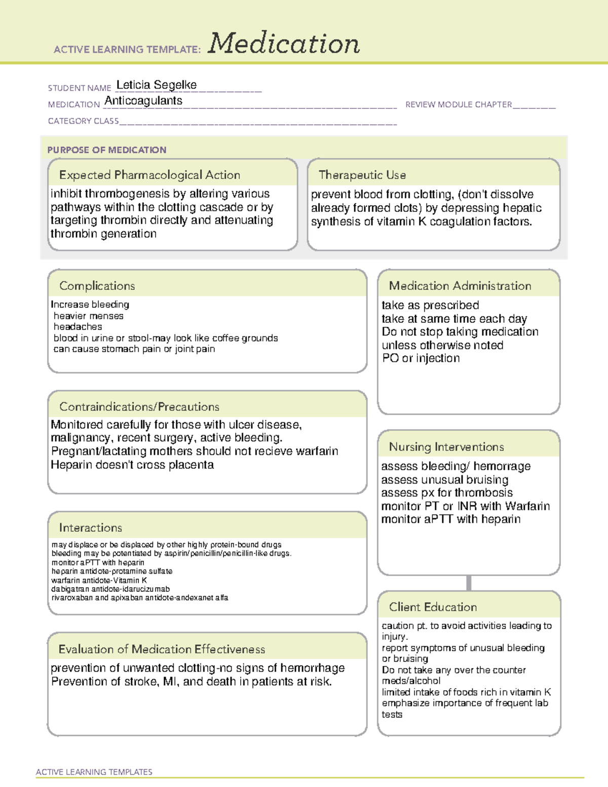 Anticoagulants - yup - ACTIVE LEARNING TEMPLATES Medication STUDENT ...