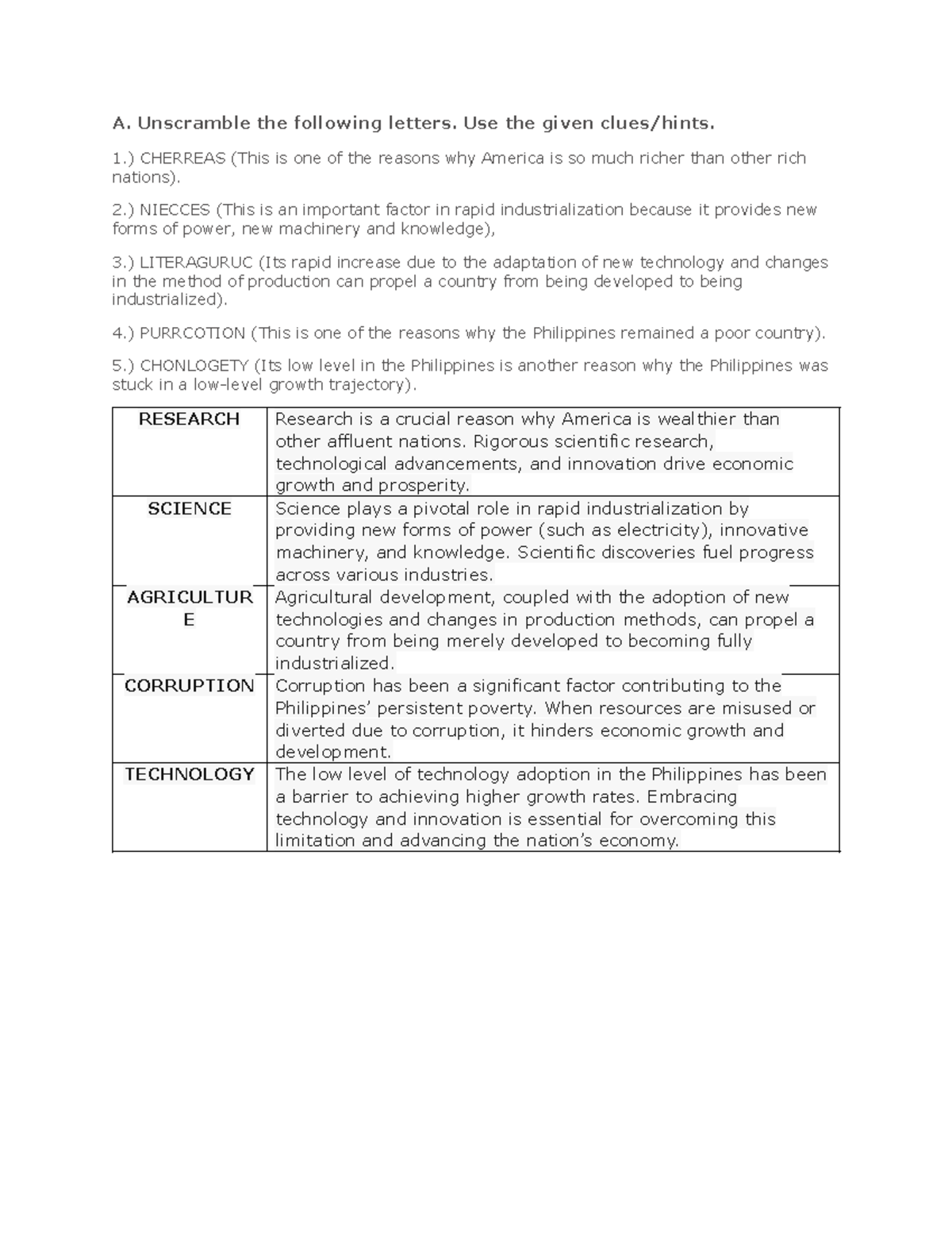 M3 Pre Task STS - A. Unscramble the following letters. Use the given ...
