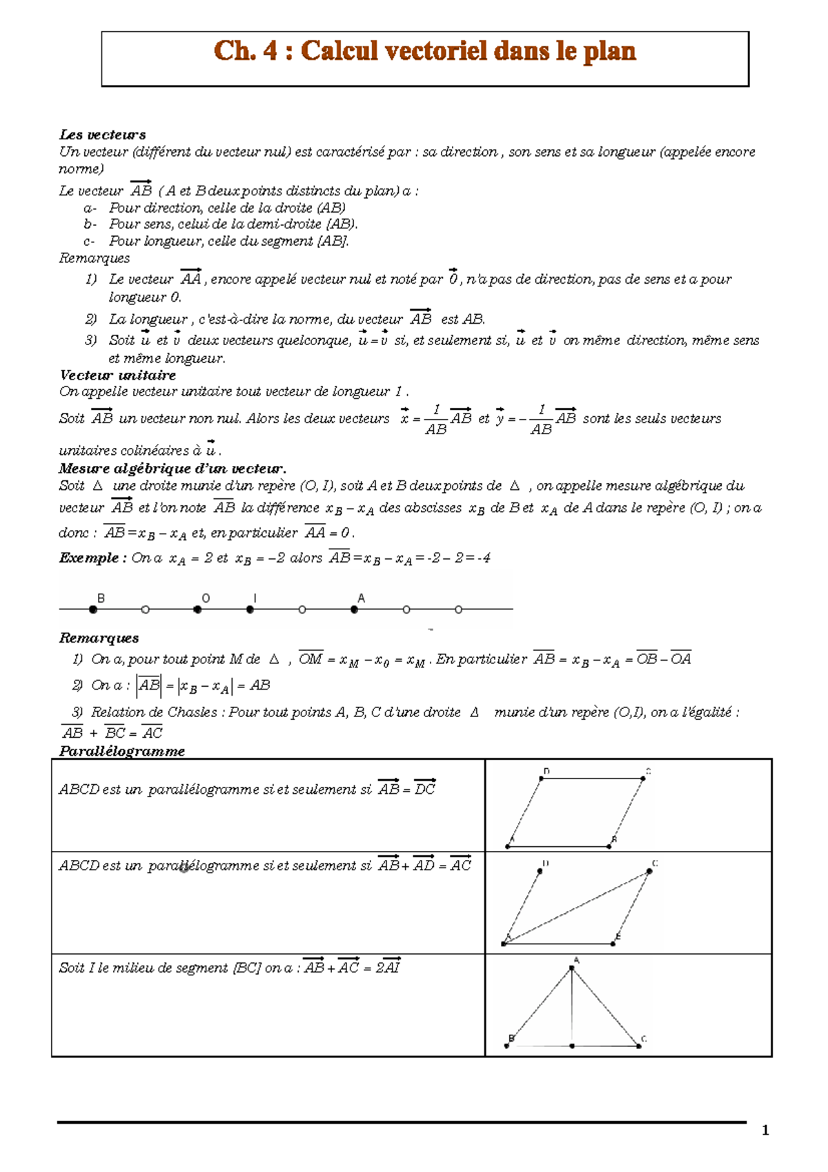 Chapitre 4 calcul vectoriel dans le plan - Un vecteur (différent du ...