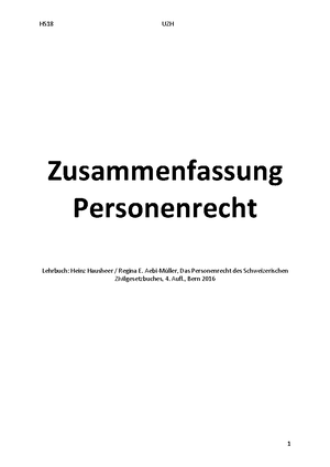 Personenrecht Zusammenfassung - Personenrecht des Schweizerischen ZGB ...