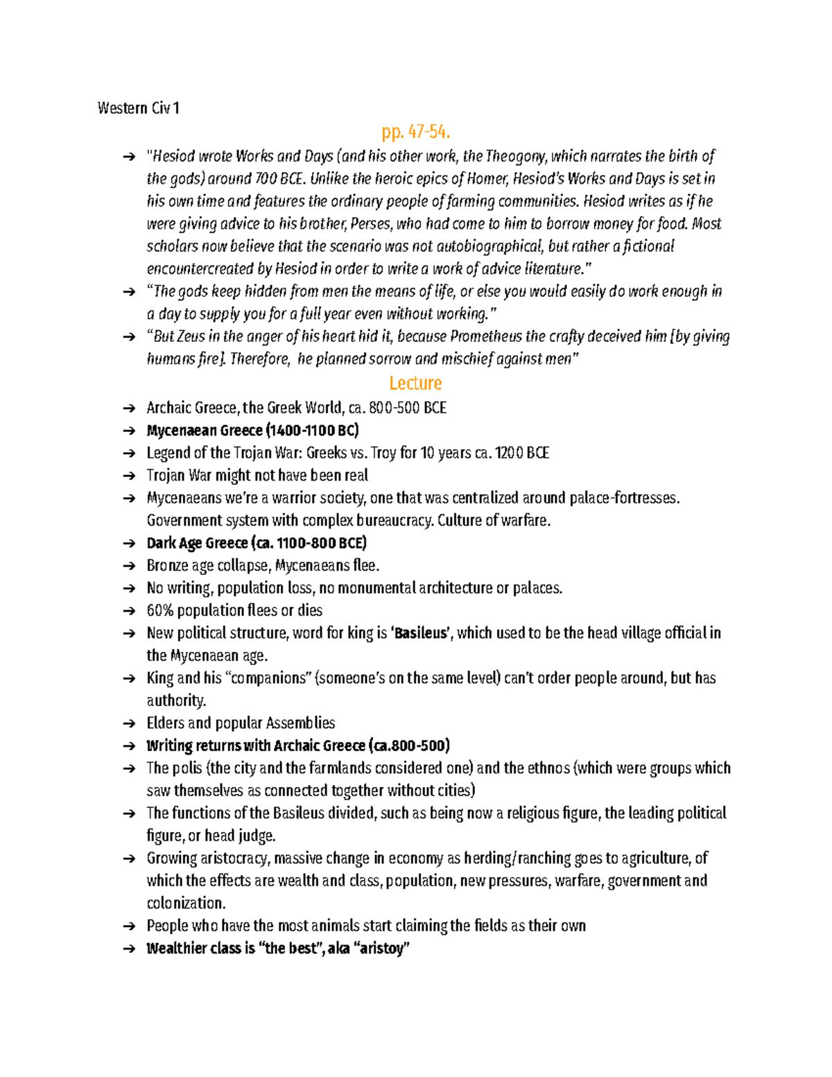 Notes 9 10 20 - 9/10/20 - Western Civ 1 pp. 47-54. " Hesiod wrote Works ...