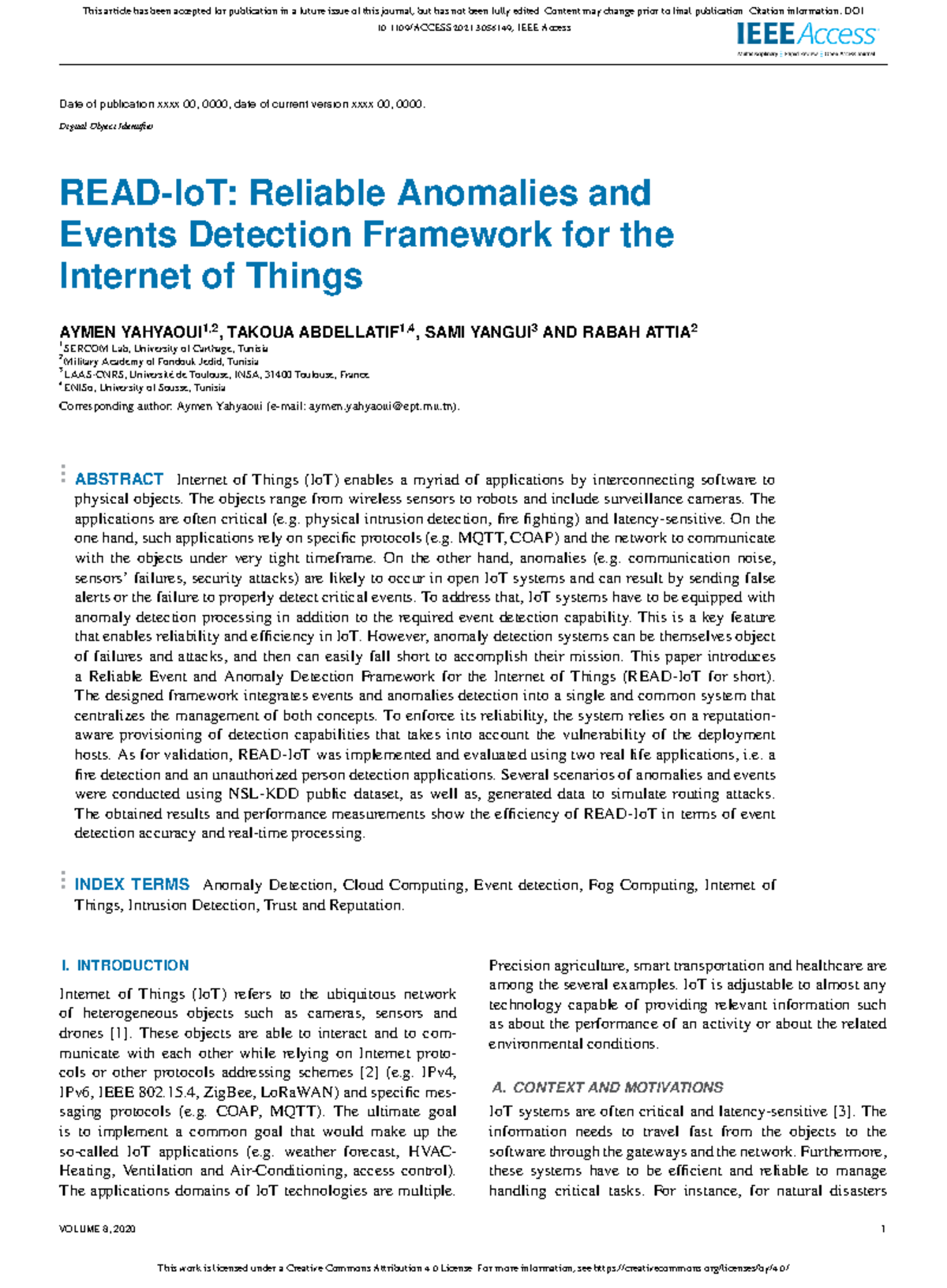 READ-Io T Reliable Anomalies and Events Detection F - 10.1109/ACCESS.2021, IEEE Access Date of ...