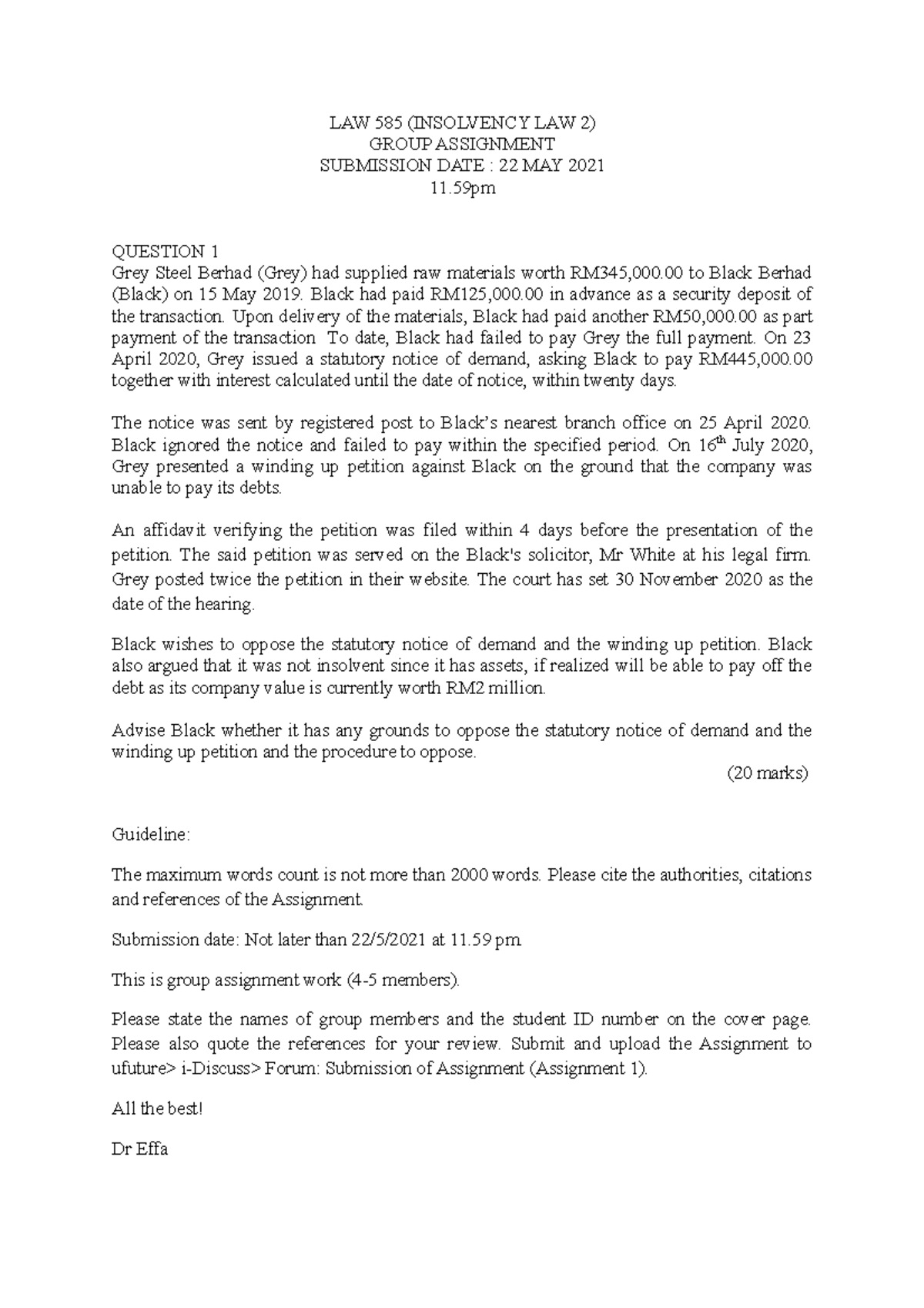 Group Assignment 1-ODL PLK March 2021 - LAW 585 (INSOLVENCY LAW 2 ...