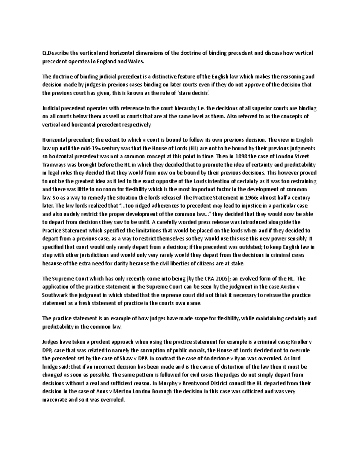 LSM Sample Essay- Horizontal and Vertical Precedent - Q the vertical ...