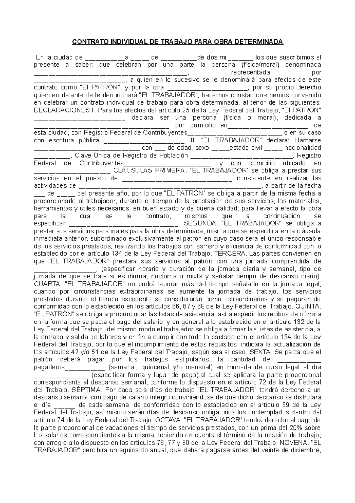 Tipos de Contratos laborales en méxico - CONTRATO INDIVIDUAL DE TRABAJO ...