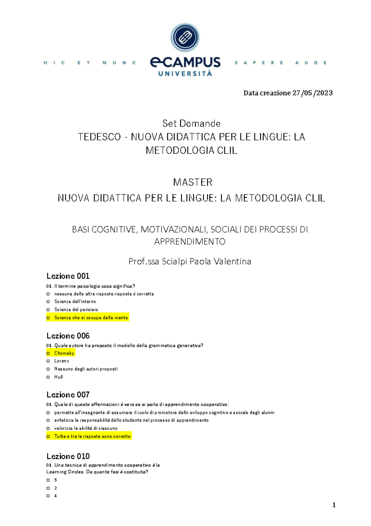 Paniere Tedesco Ecampus BASI Cognitive, Motivazionali, Sociali DEI ...