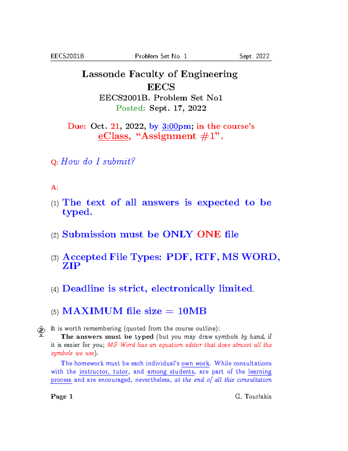 Assignment 1 - Practice questions for PRs. - EECS2001B Problem Set No ...