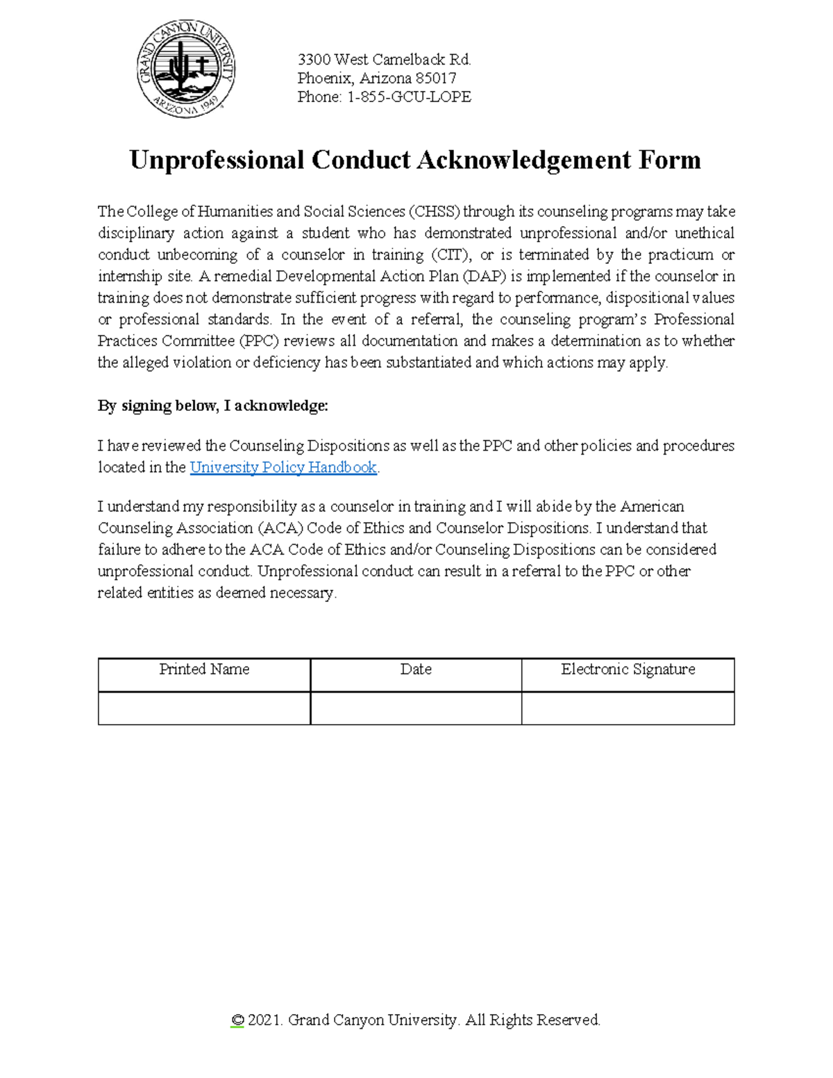 UNV 508 RS Unprofessional Conduct Acknowledgement Form - 3300 West ...
