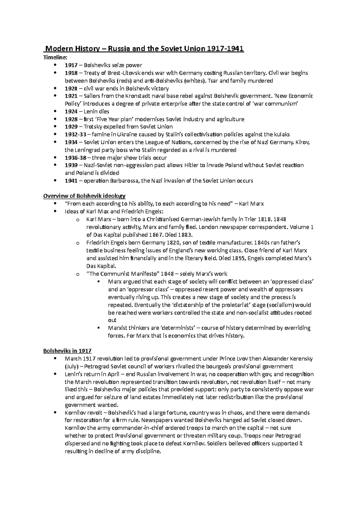 Notes Russia and the Soviet Union 1917 1941 Hannah - Modern History ...