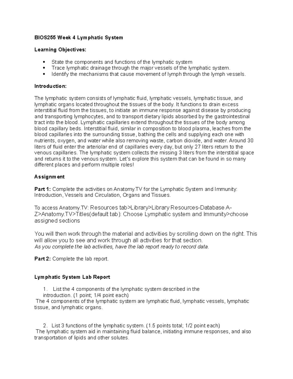 Week 4 Lab Ap3 Week 4 Lab Bios255 Week 4 Lymphatic System Learning Objectives State The