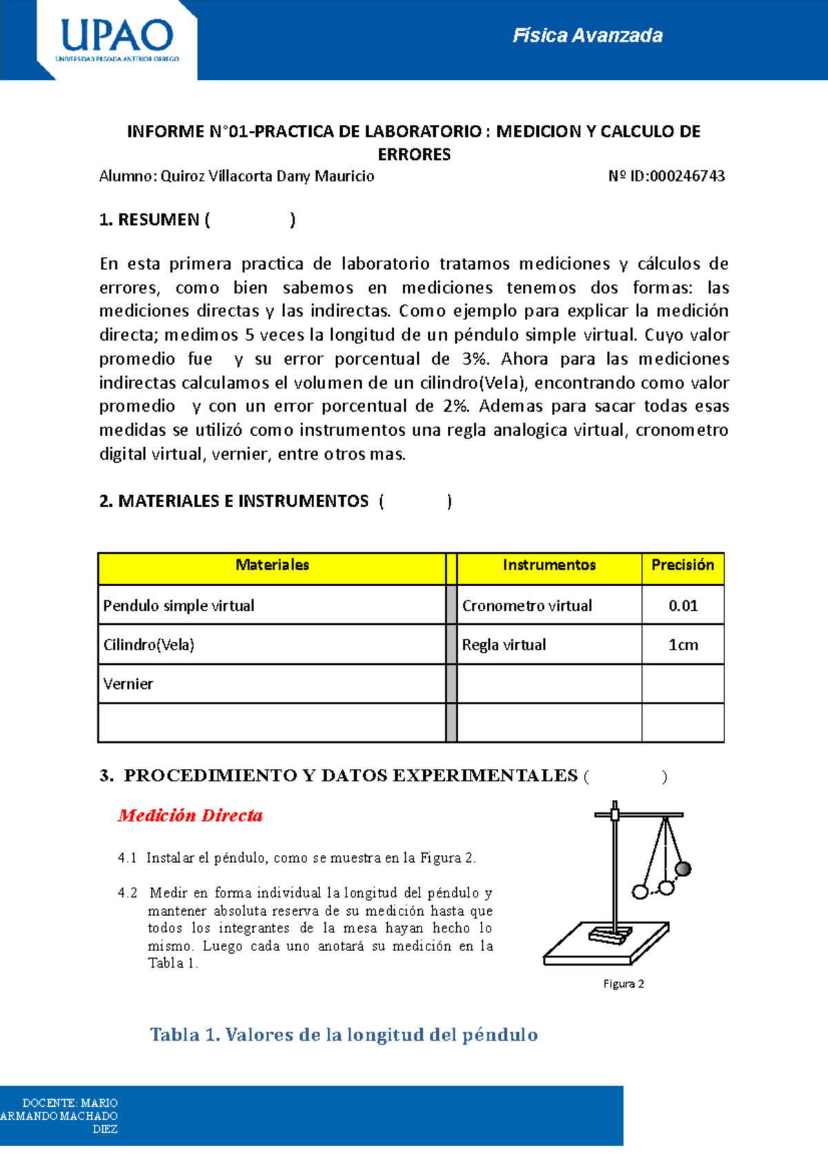 Il Nº01 Fa Medicion Y Calculo De Errores Informe N°01 Practica De