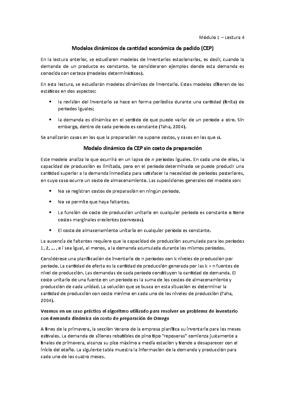 Módulo 1 L4 Mat VI - Lectura 4 - Módulo 1 – Lectura 4 Modelos dinámicos de cantidad económica de ...