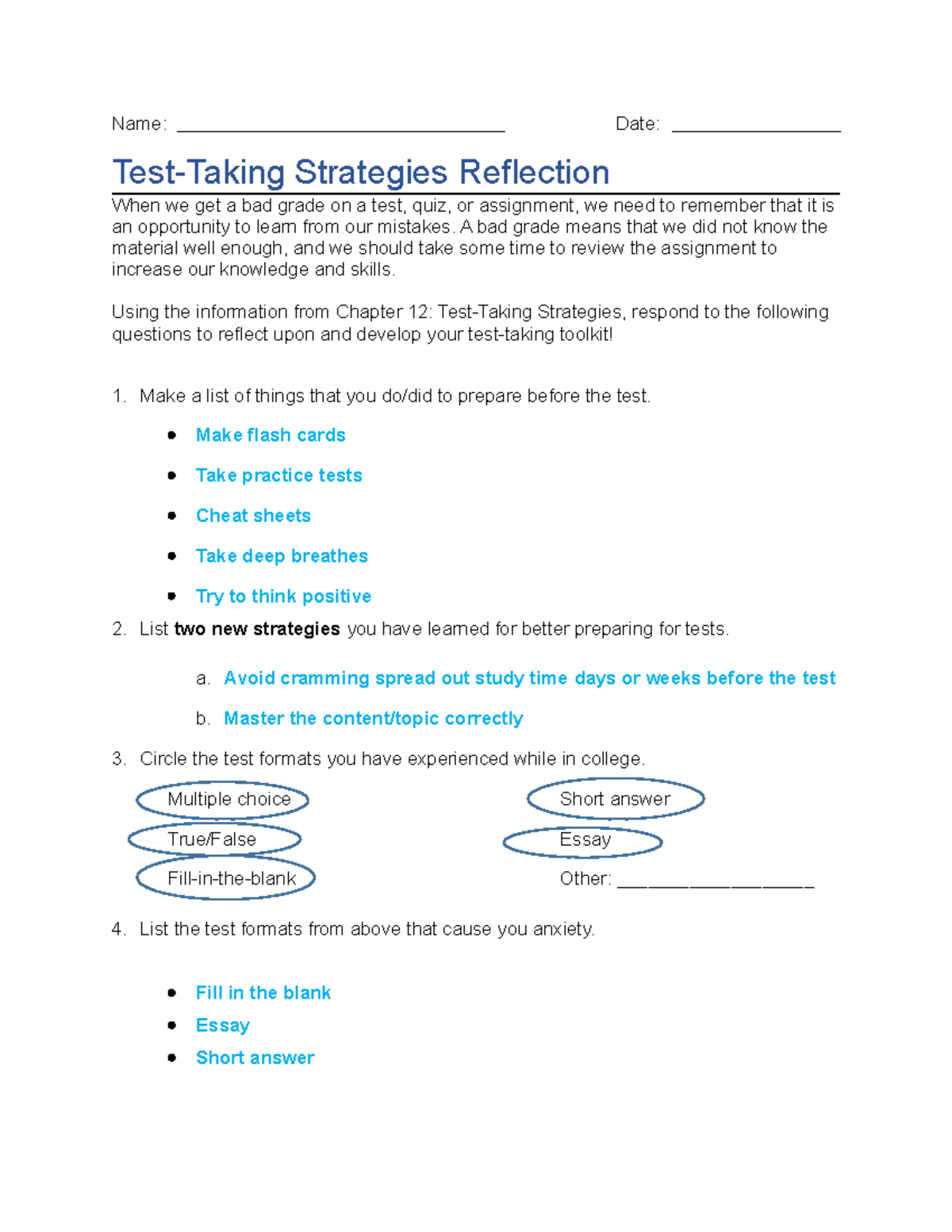 Test-Taking Strategies Reflection Assignment - Name: Date: Test-Taking ...