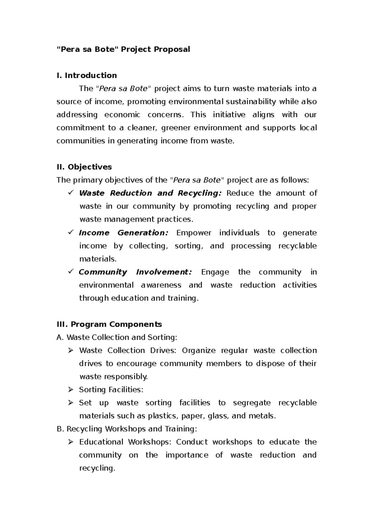 Social Science Project - "Pera sa Bote" Project Proposal I ...