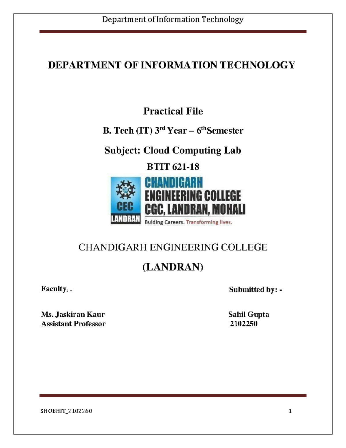 Cc practical notes - DEPARTMENT OF INFORMATION TECHNOLOGY Practical ...