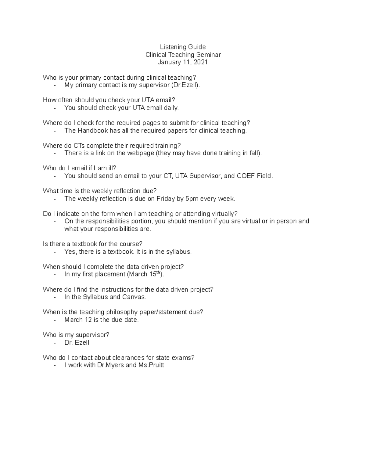 Listening Guide Seminar 1 - Listening Guide Clinical Teaching Seminar ...