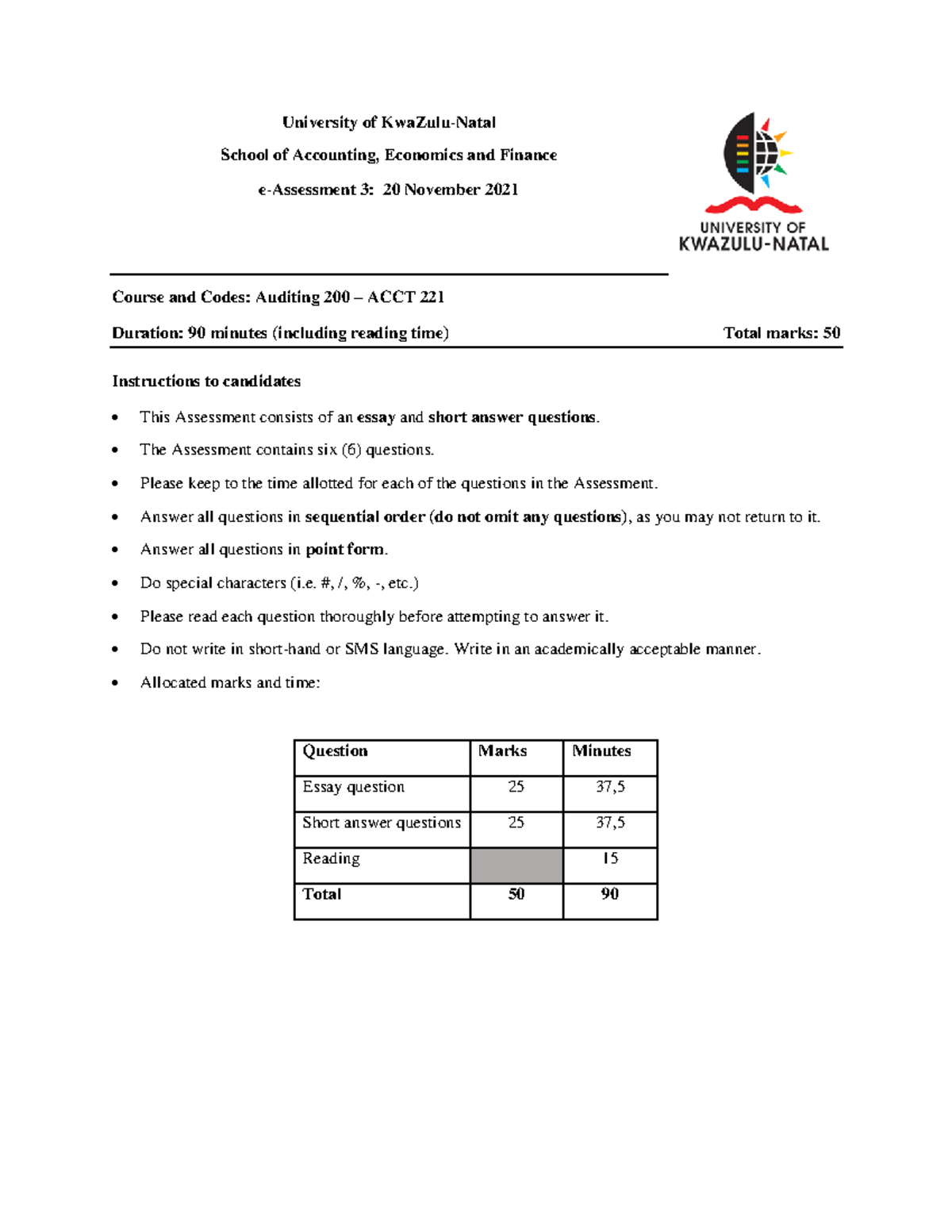 ACCT221 e-Assessment 3 - 2021 - University of KwaZulu-Natal School of ...