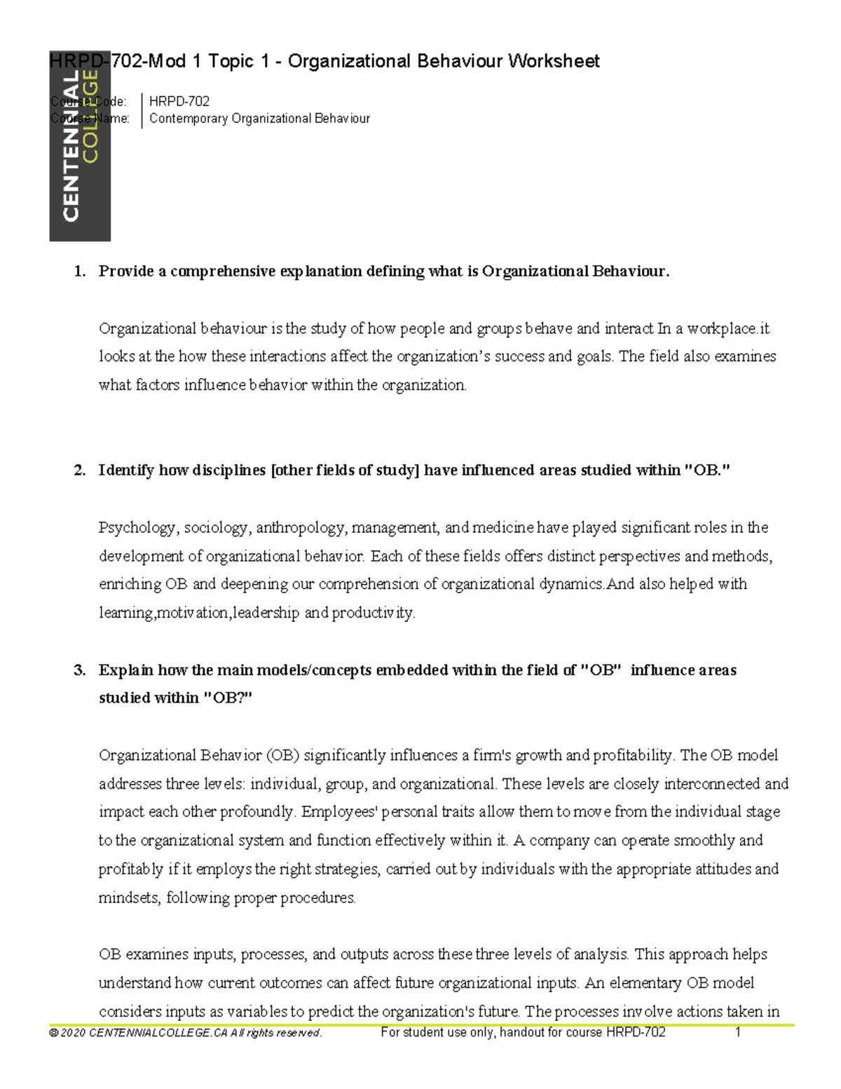 Mod 1 -Topic 1 - Organizational Behaviour Worksheet - HRPD-702-Mod 1 ...
