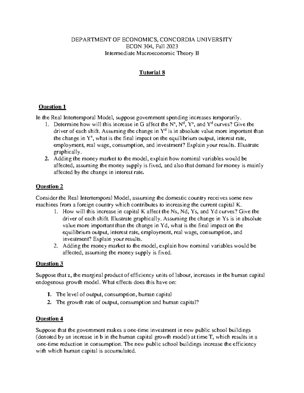 Tutorial 8 - DEPARTMENT OF ECONOMICS, CONCORDIA UNIVERSITY ECON 304 ...