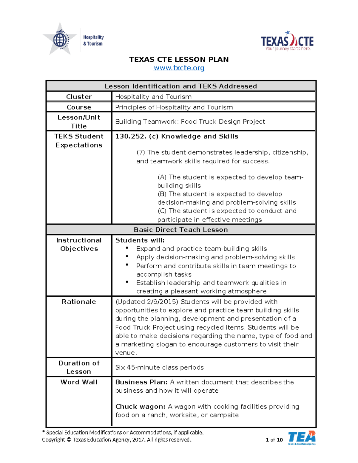 Lesson Plan Building Teamwork-Food Truck Design Project - TEXAS CTE ...