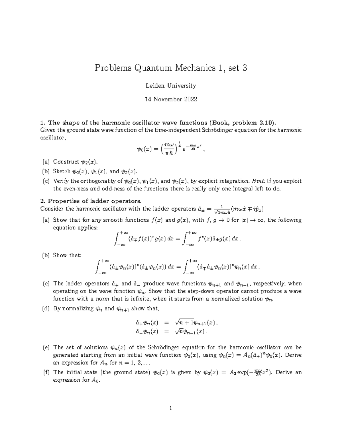 WC3 Problems - vragen van het derde werkcollege quantum mechanica I - Problems Quantum Mechanics ...