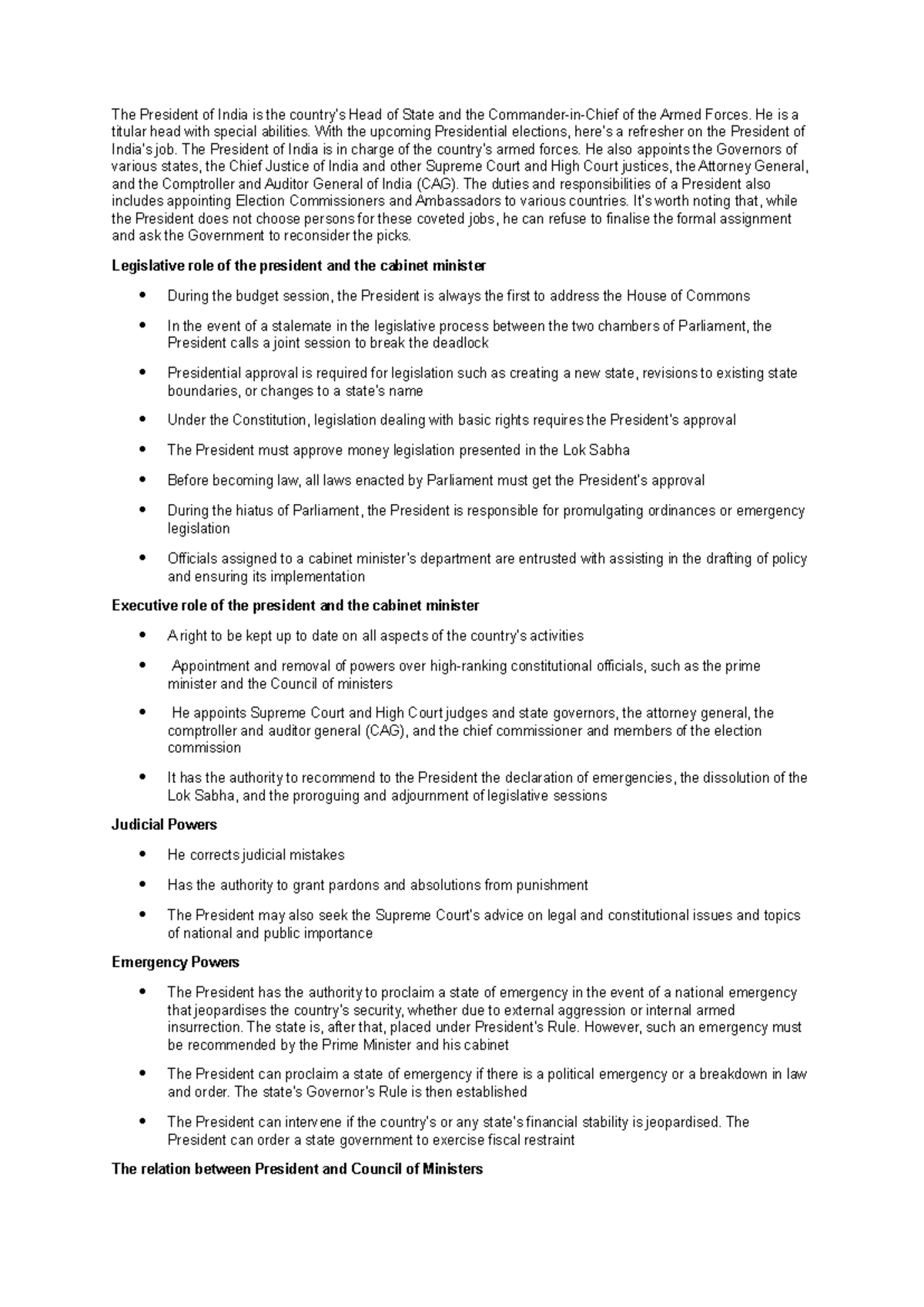 The President of India is the country - He is a titular head with ...