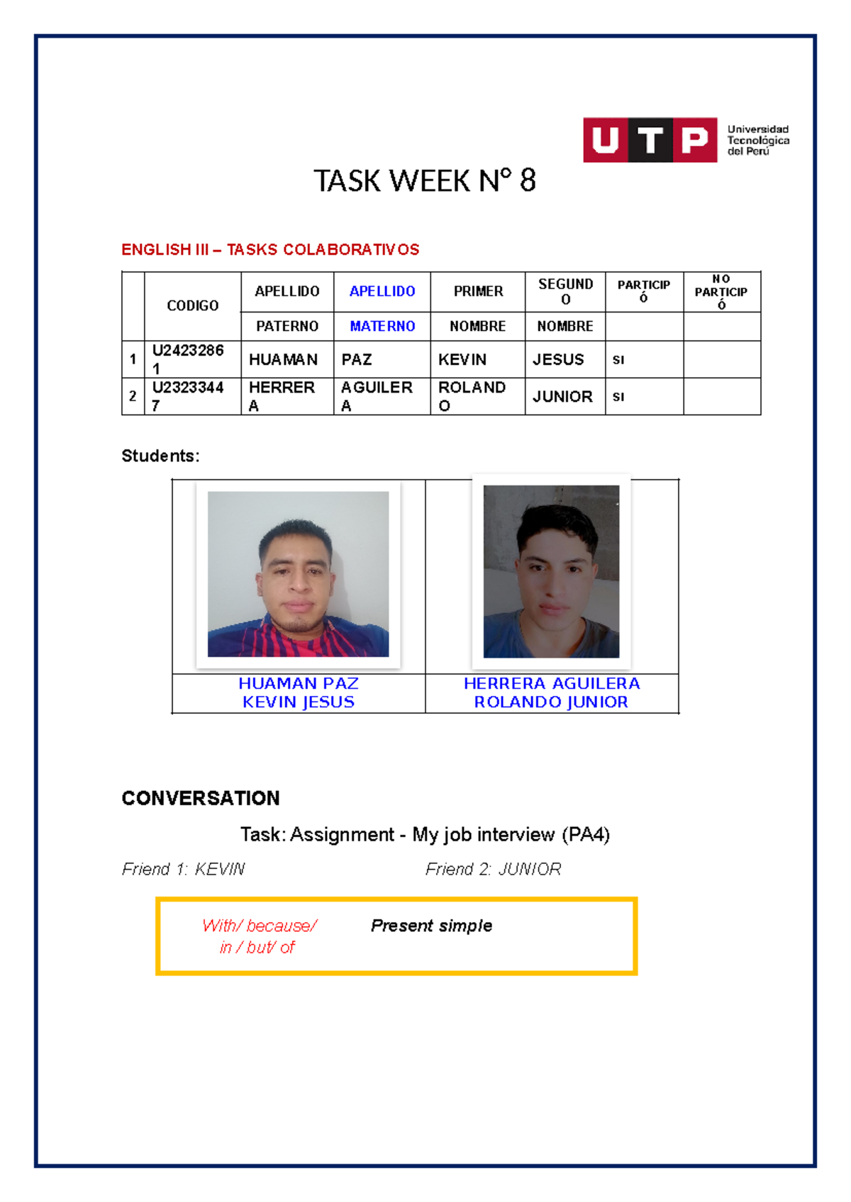 Week 08. - Task- Assignment - My job interview - TASK WEEK N° 8 ENGLISH III – TASKS ...