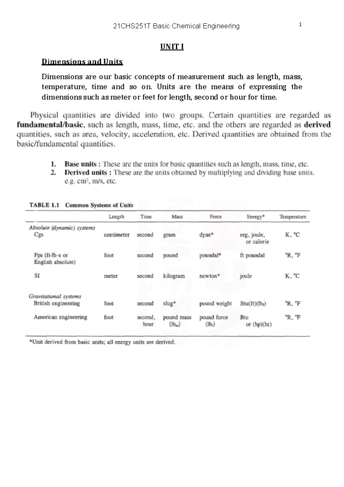 Unit I material - notes - UNIT I Dimensions and Units Dimensions are ...