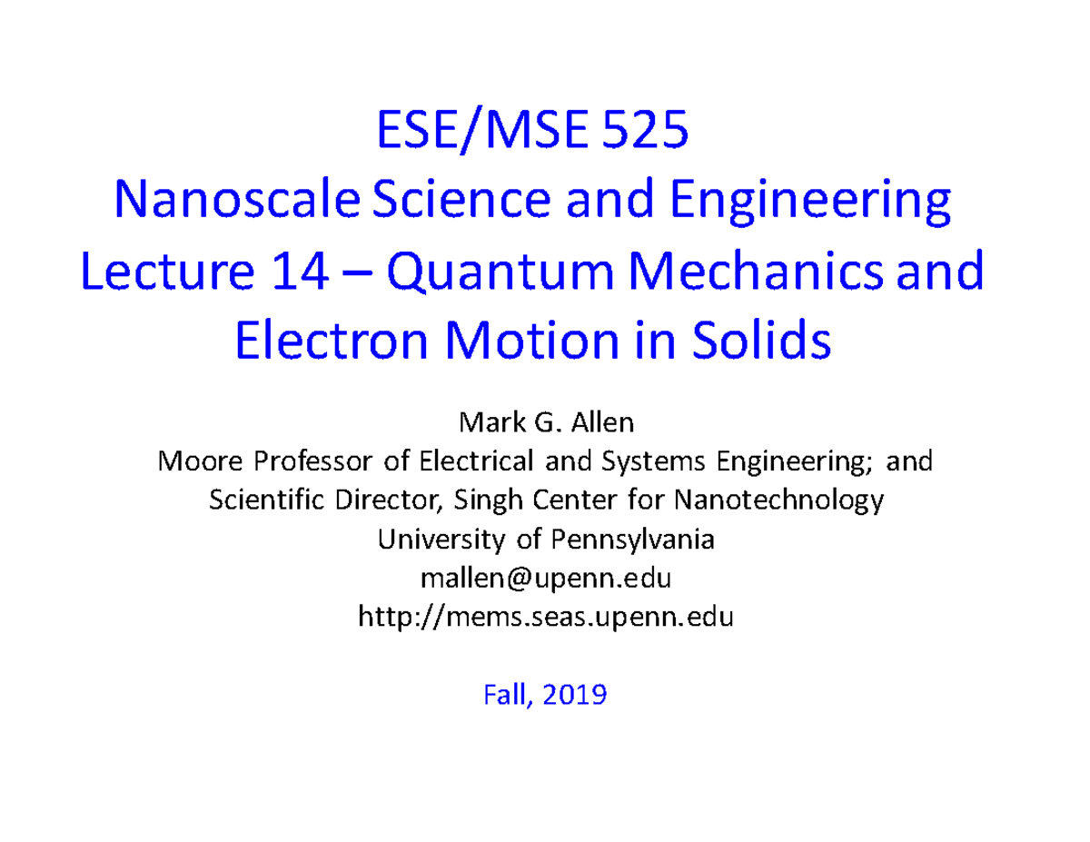 Nano lecture 14 2019 - ESE/MSE Nanoscale Science and Engineering ...
