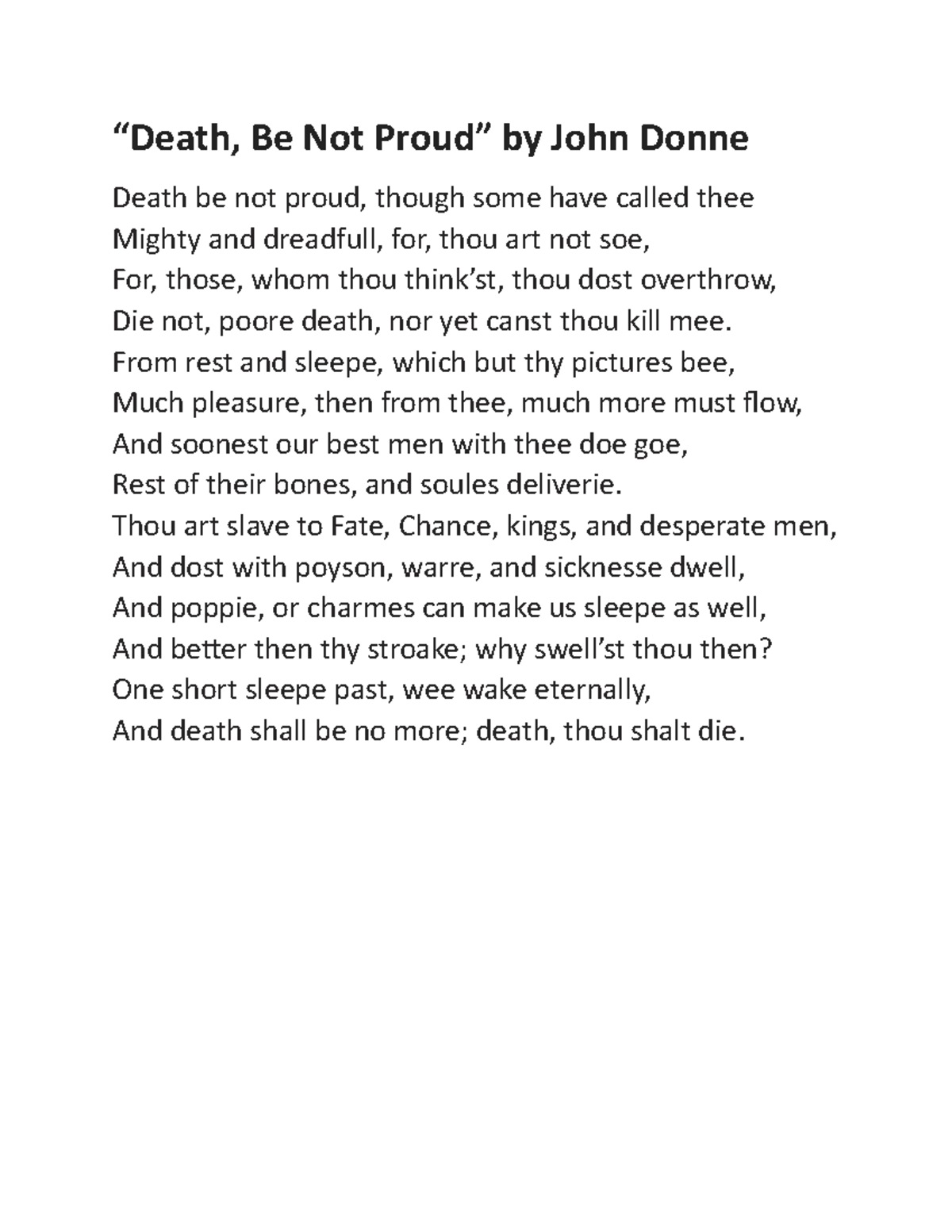 6Sonnets for analysis in class - “Death, Be Not Proud” by John Donne ...