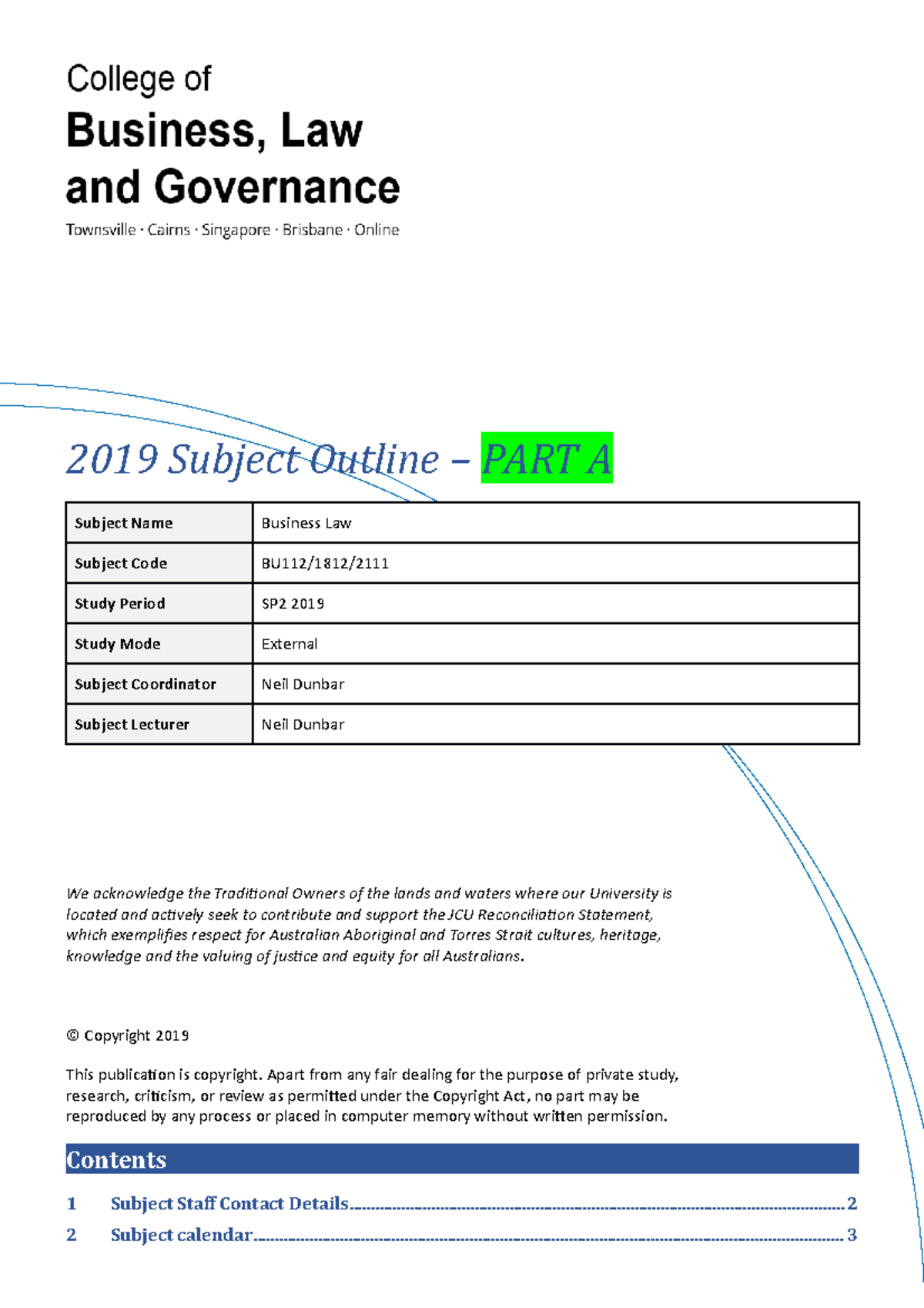 BU 1112 - Subject Outline 2019 EXT - PART A - 2019 Subject Outline ...