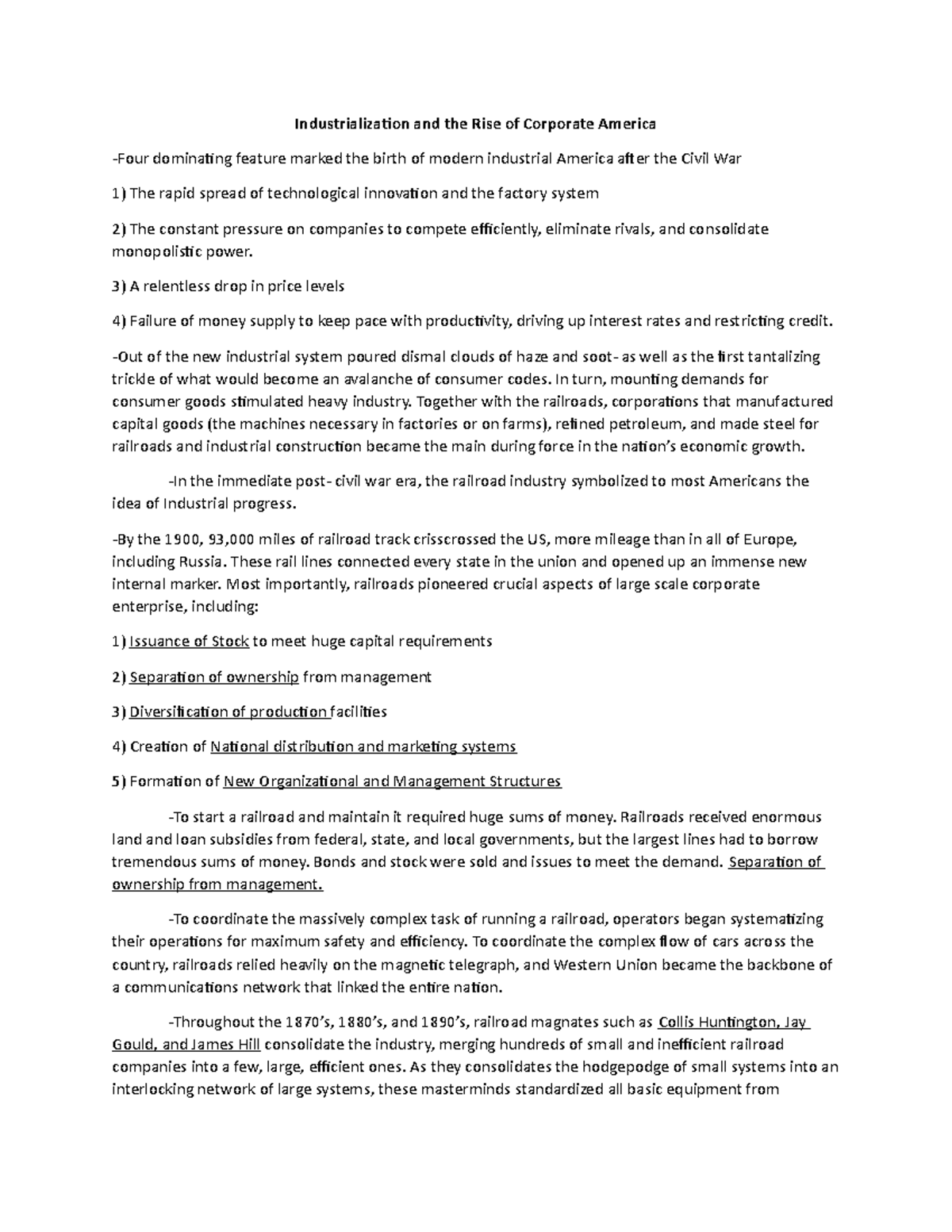 CIV Industrialization and the Rise of Corporate America Notes ...