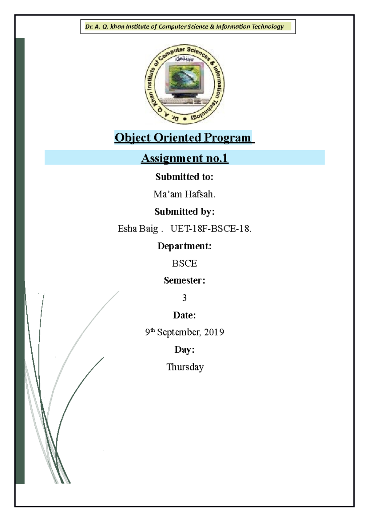 Oop Ass 1 Lecture Notes 6 Object Oriented Program Assignment No Submitted To Maam Hafsah