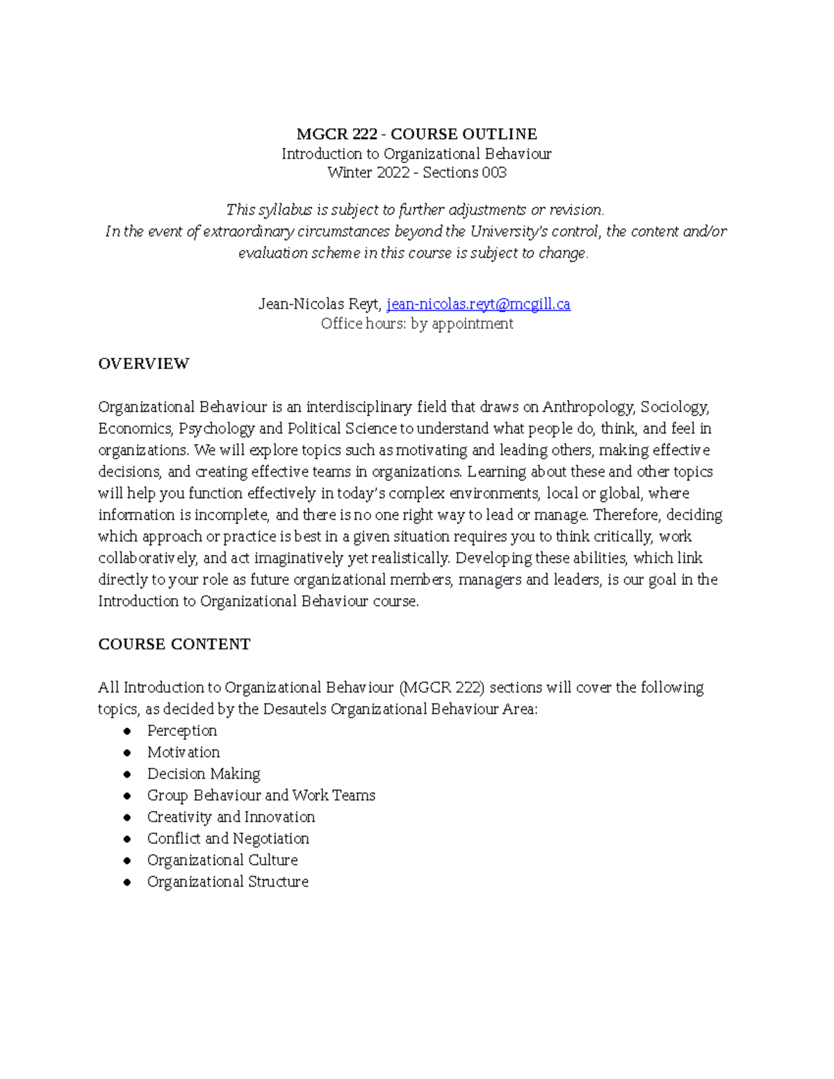 Course Outline W22 MGCR 222 - MGCR 222 - COURSE OUTLINE Introduction to ...