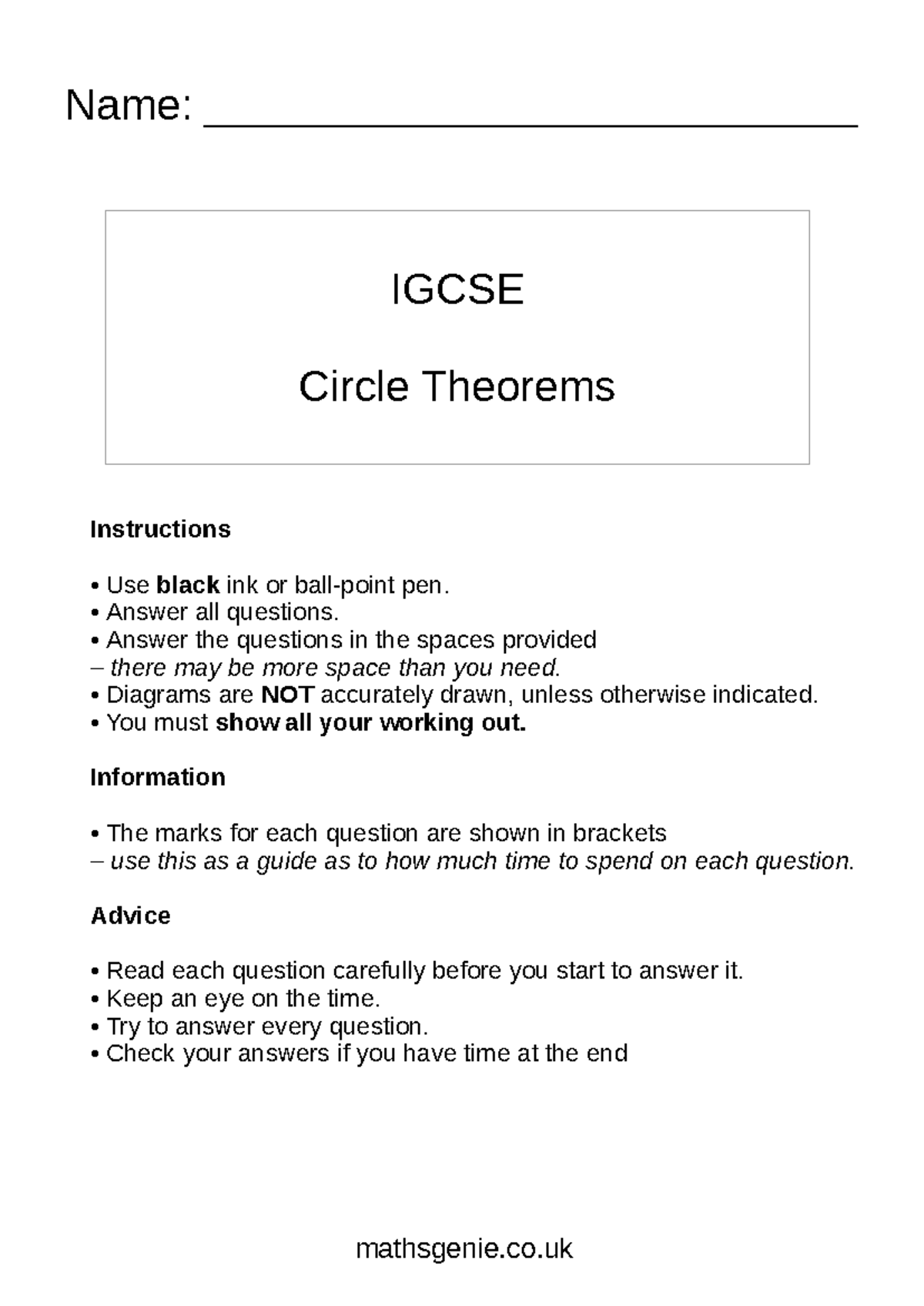 6 igcse circle theorems - IGCSE Circle Theorems Name ...