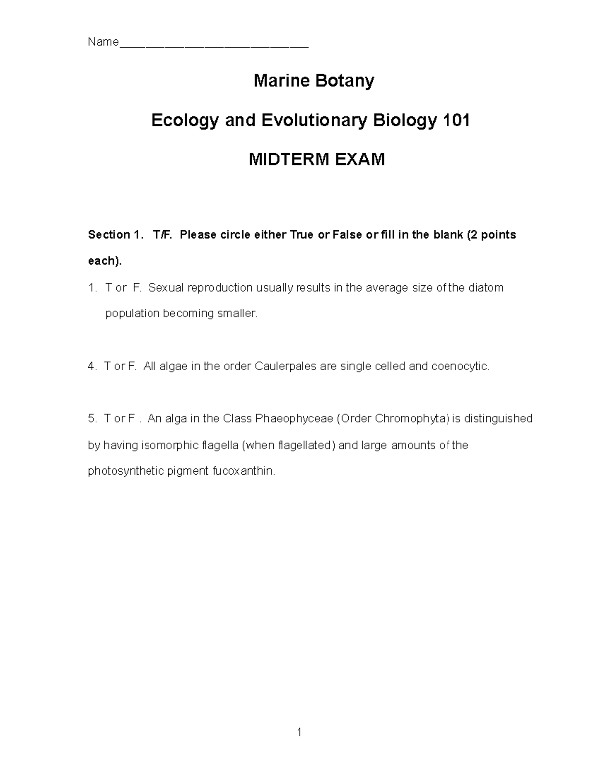 Sample Midterm Qs - Marine Botany Ecology and Evolutionary Biology 101 ...