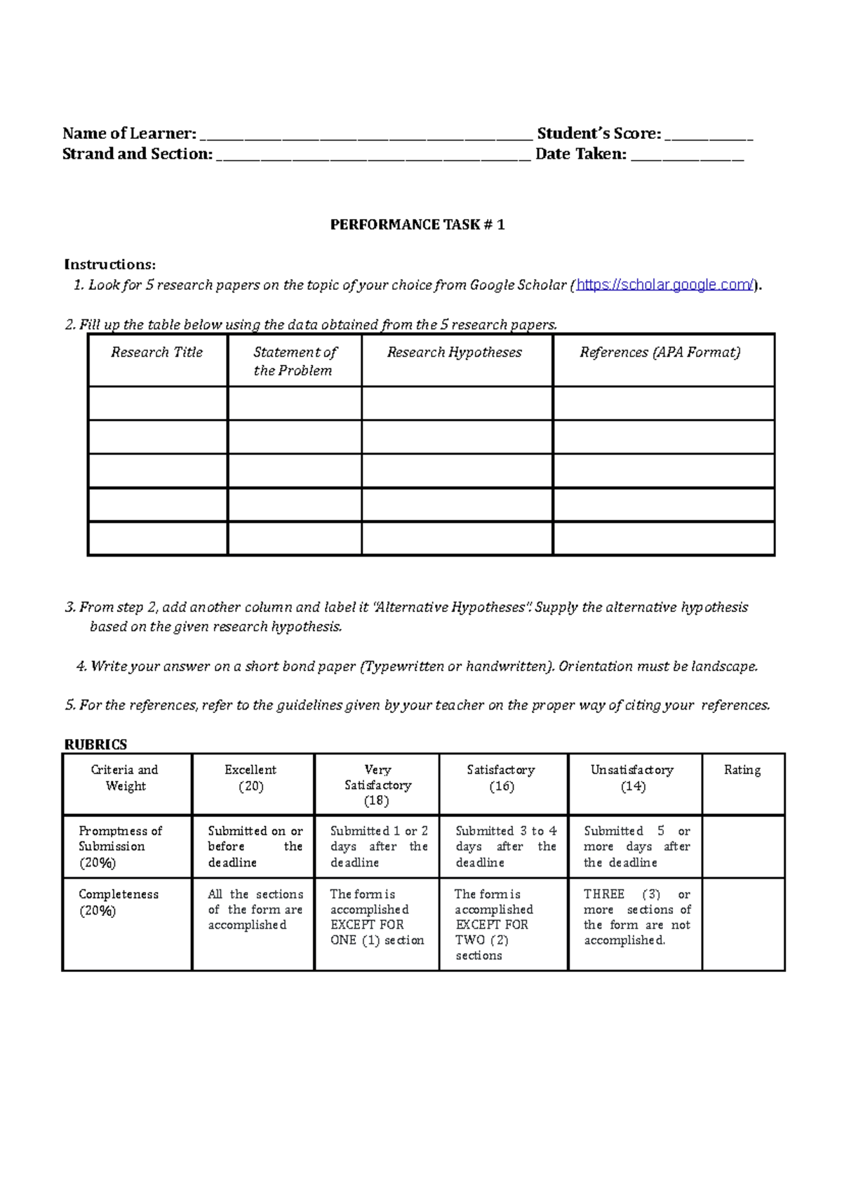 Performance-TASK-1 - i want a real answer for this because it is my ...